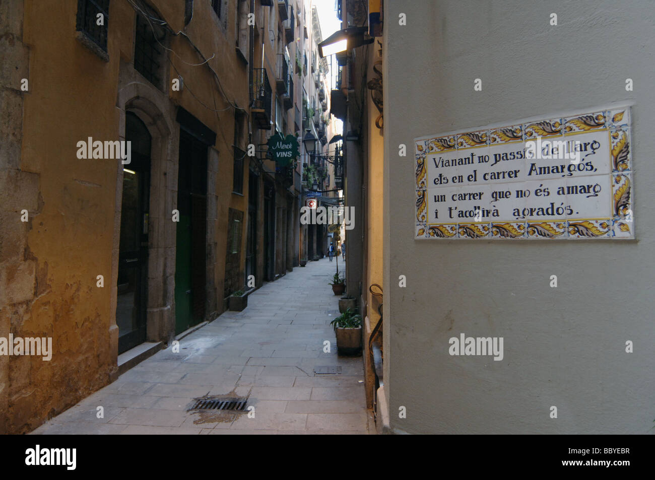 Catalan sign in narrow street in old town Barcelona Spain Stock Photo ...