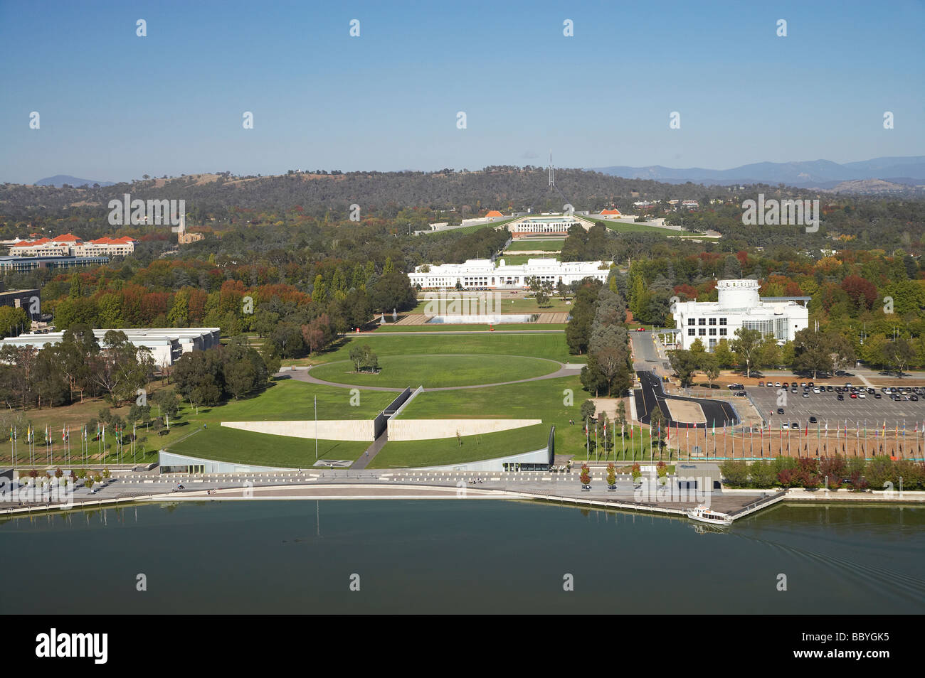 Parliament House top and Old Parliament House Questacon right and Lake Burley Griffin Canberra ...