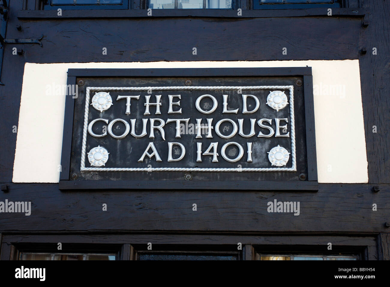 The Old Court House sign on a Tudor building in Ruthin Clwyd North ...