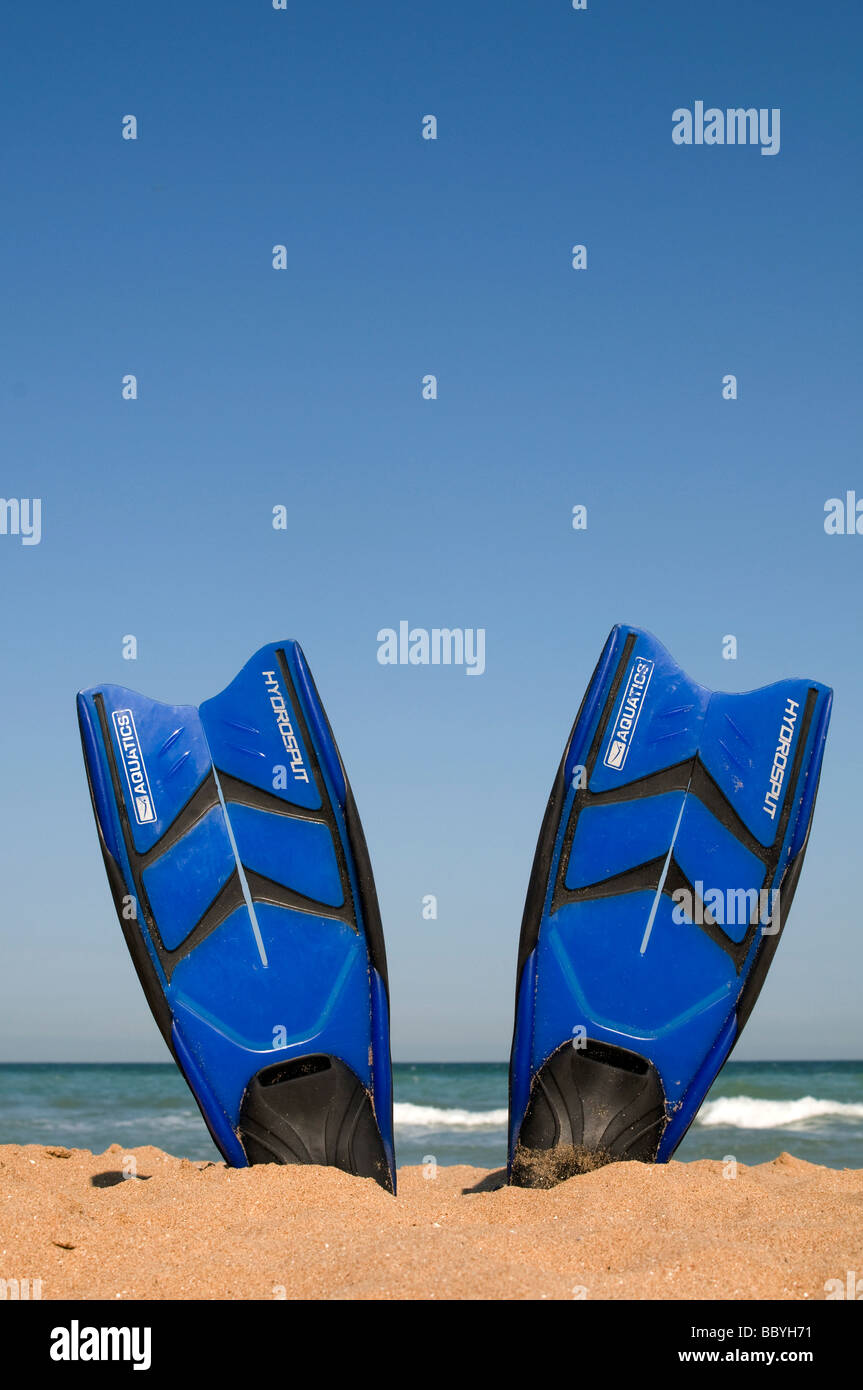 flippers and snorkel in sand on beach Stock Photo - Alamy