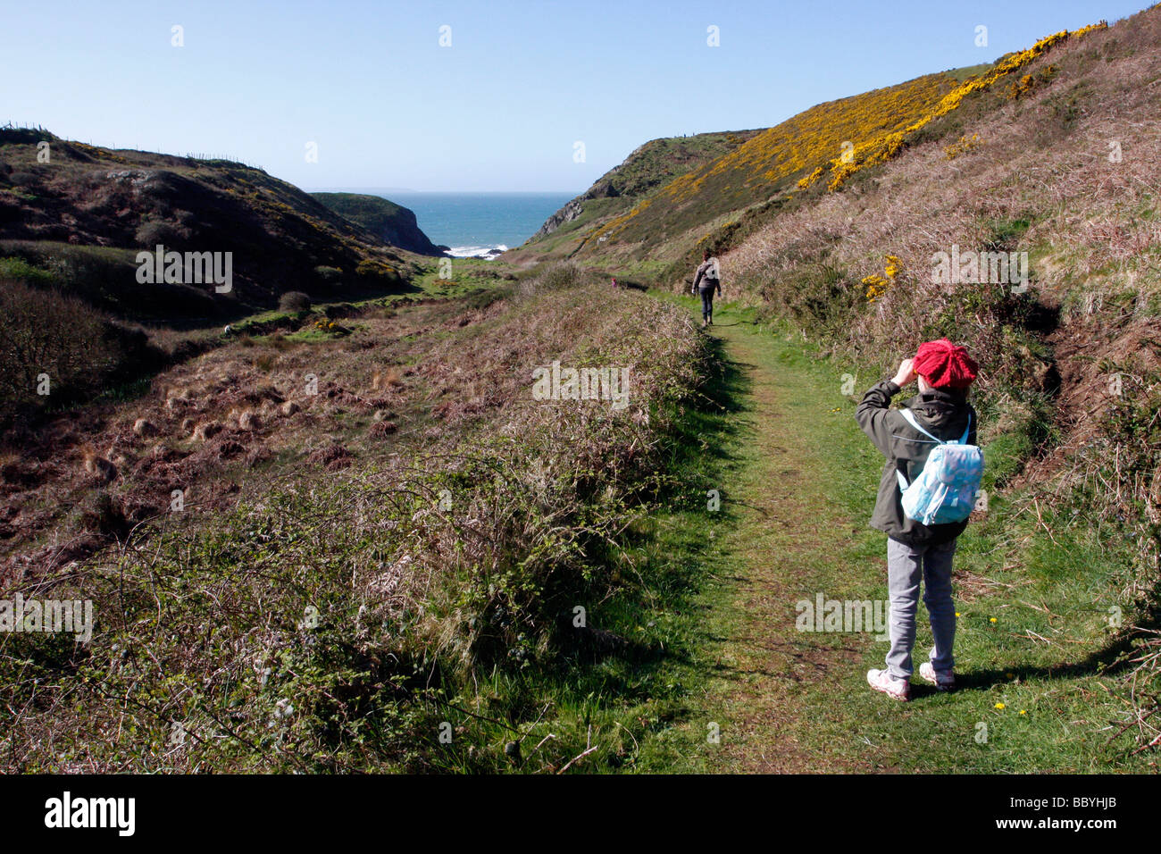 Walking the coast path Nine Elms Porth y Rhaw Pembrokeshire West Wales ...