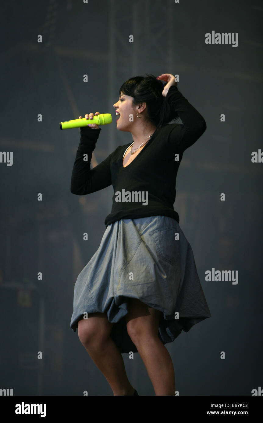 Lily Allen performing on stage at the V Festival in Hylands Park ...