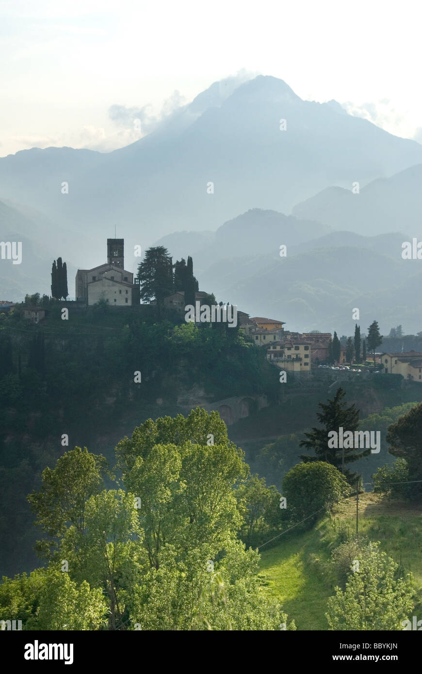 View of Barga and the Serchio Valley against the mountains of Carrara ...