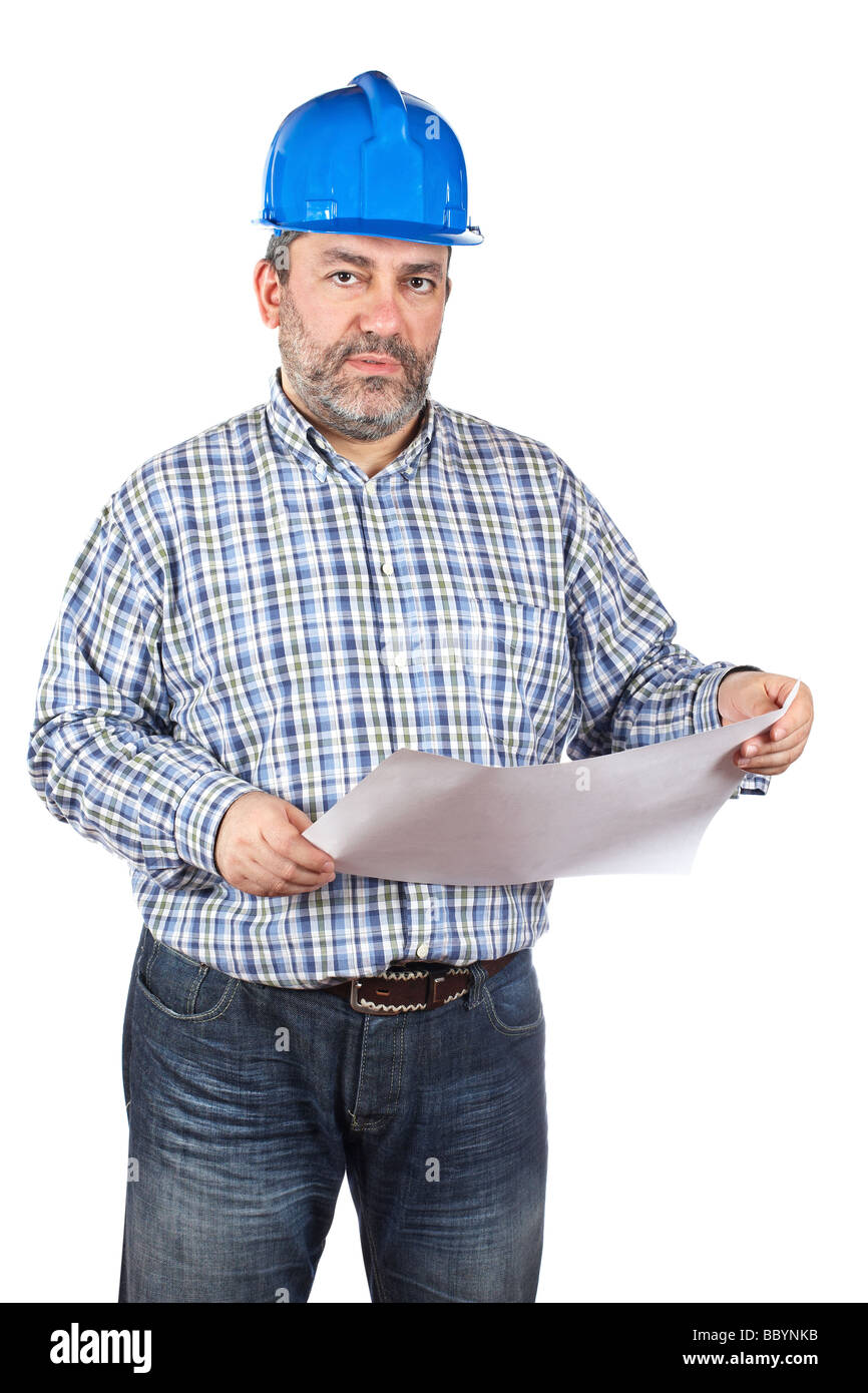 Construction worker holding blueprints isolated on a white background ...