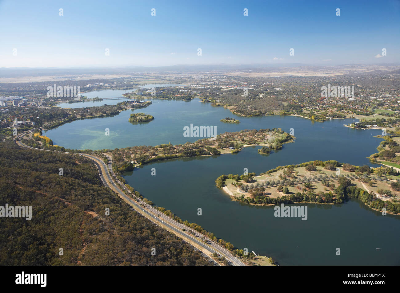 Parkes Way Weston Park right Black Mountain Peninsula Lake Burley Griffin Canberra ACT Australia ...