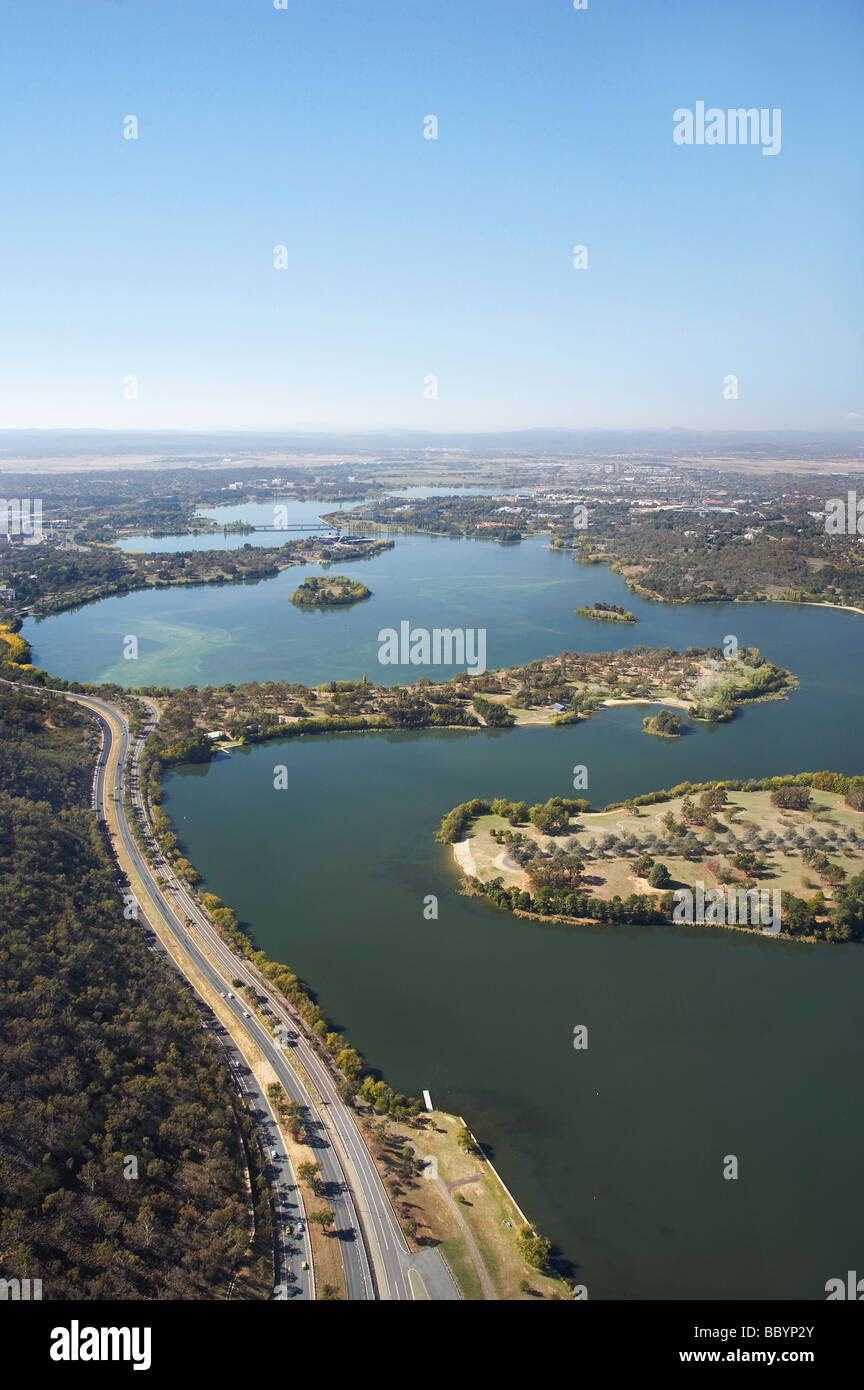 Parkes Way Weston Park right Black Mountain Peninsula Lake Burley Griffin Canberra ACT Australia ...