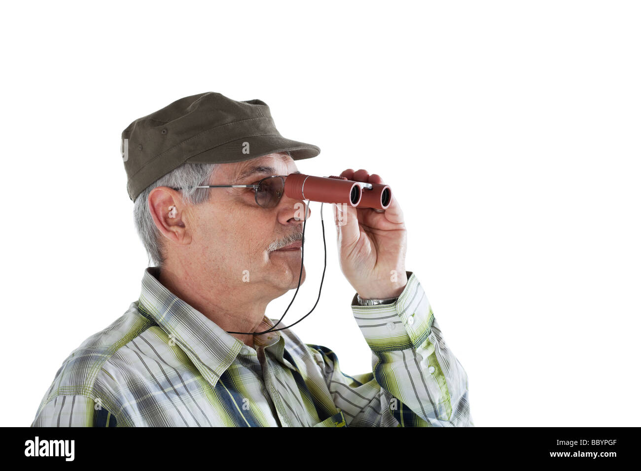 Senior man looking far away via binoculars Stock Photo - Alamy
