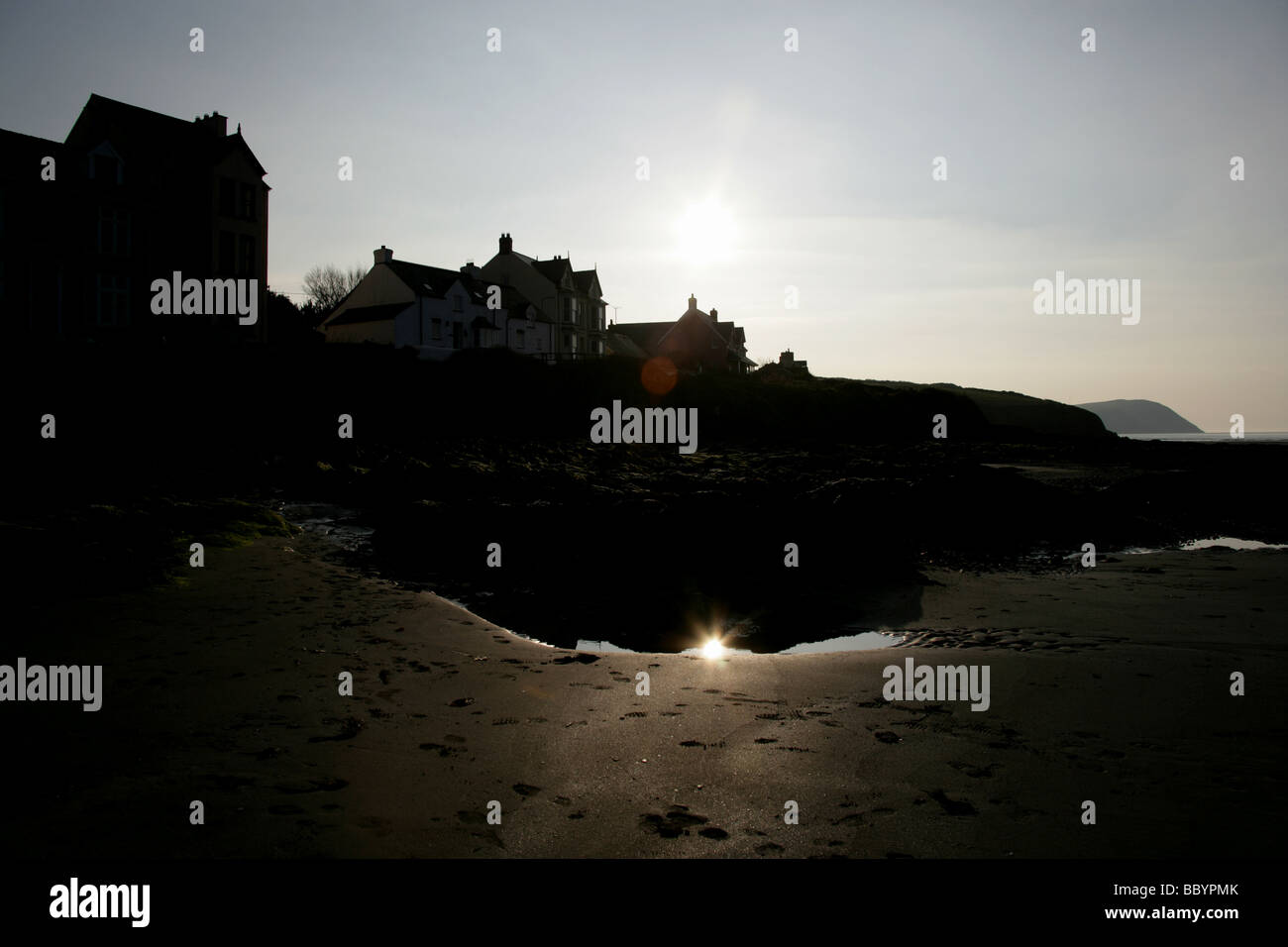 Town of Newport Parrog, Wales. Silhouetted view of houses at Newport ...