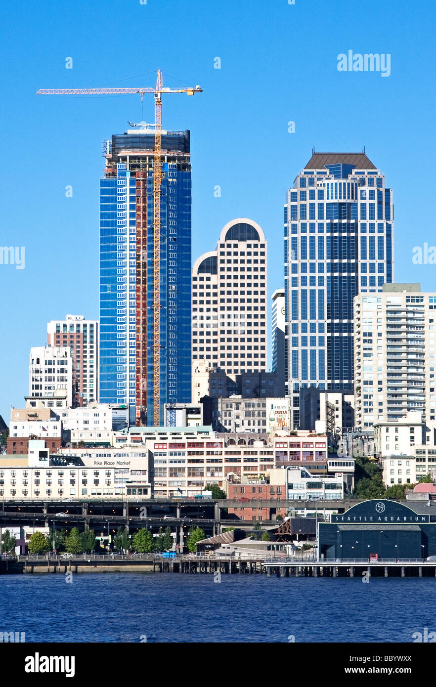 Seattle Skyline with construction from Puget Sound Stock Photo - Alamy