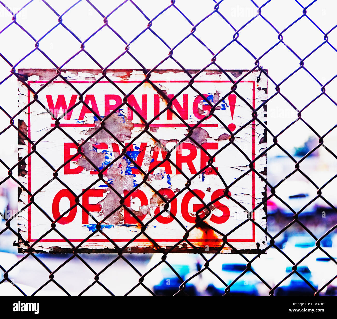 beware of dogs sign mounted to chain link fence Stock Photo - Alamy