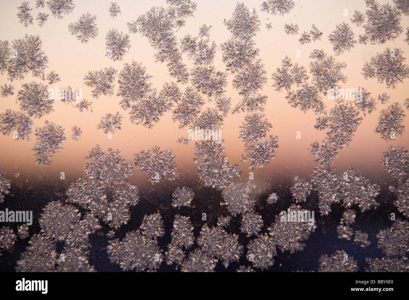 winter pattern of snowflakes on frosty window with sunset background ...