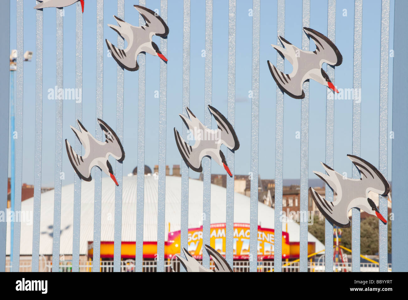 Bird art on railings at Morecambe as part of the regeneration project ...