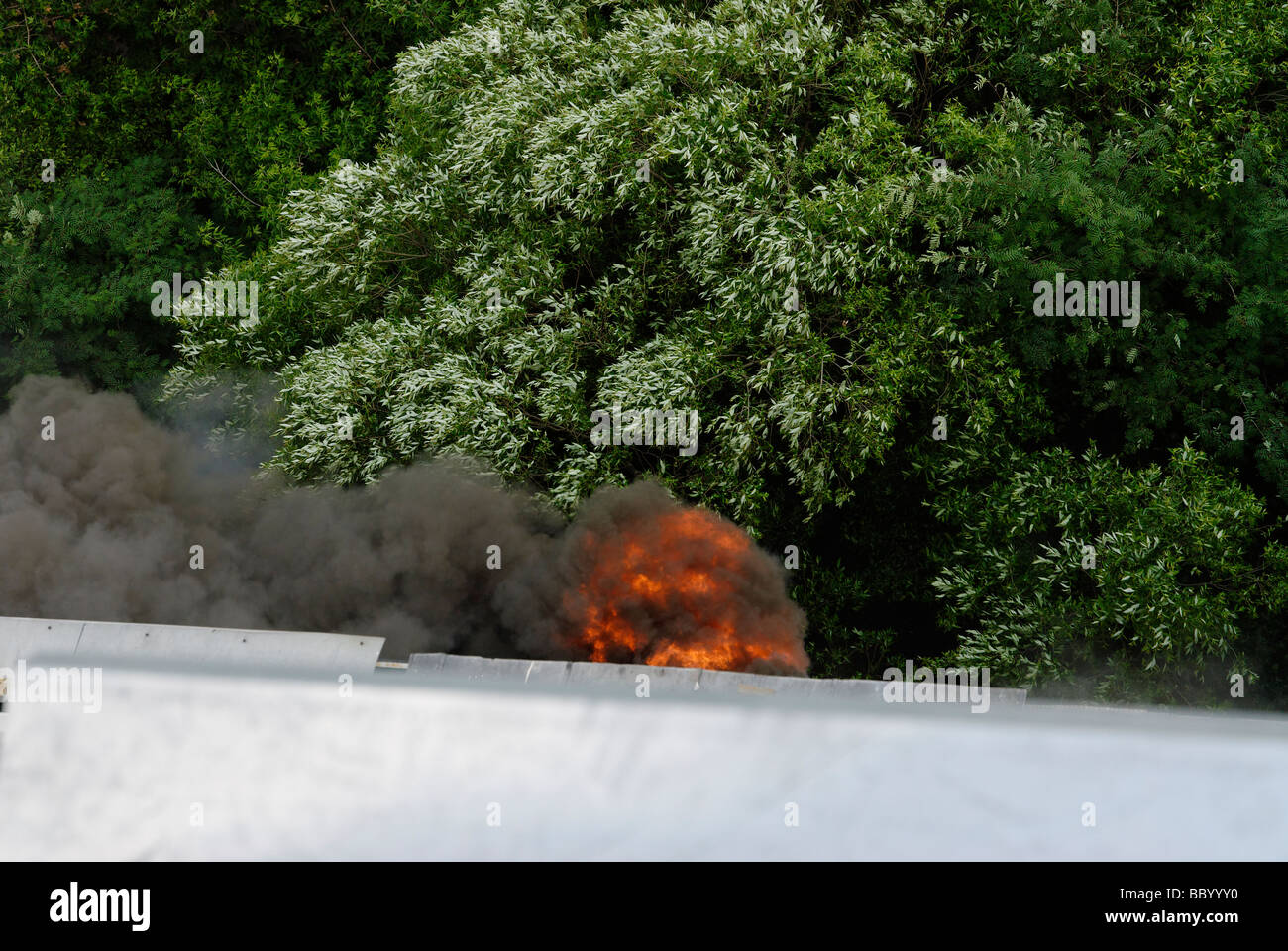 Fire with black smoke Top view from high level of living house Stock ...
