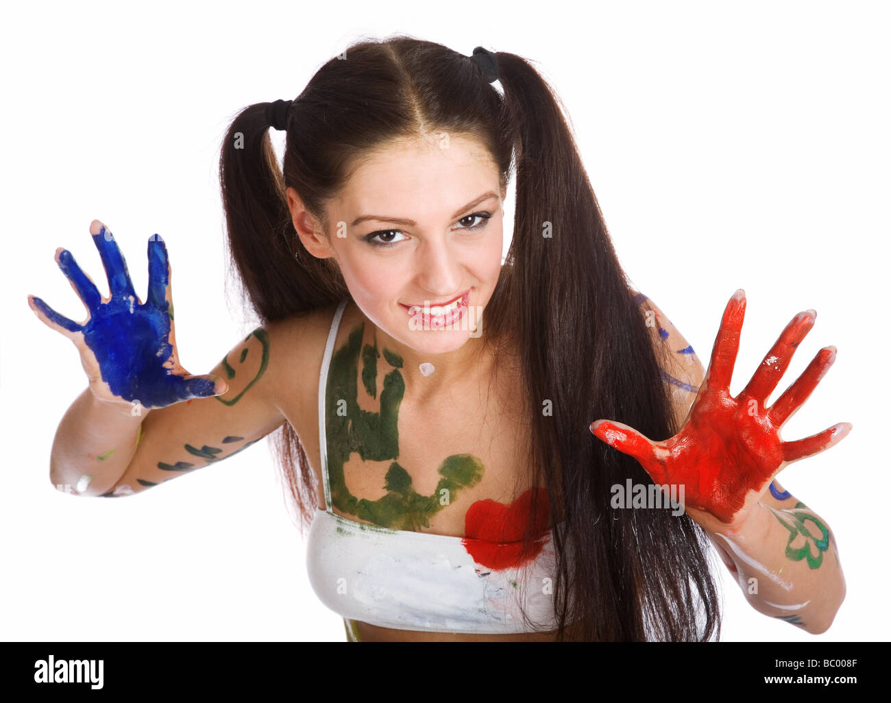 Beautiful girl stained paint on a white background Stock Photo - Alamy