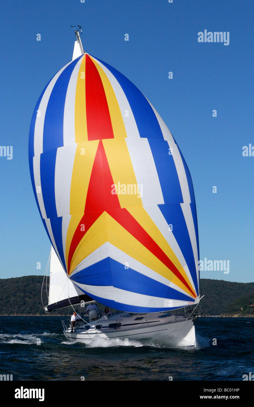 Trimming the spinnaker sail on a yacht cruising on the North Shore from ...