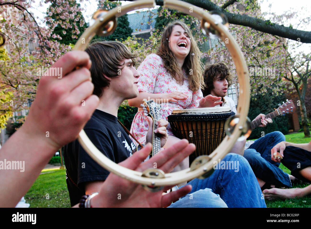 students play music on the university of Washington campus in Seattle ...