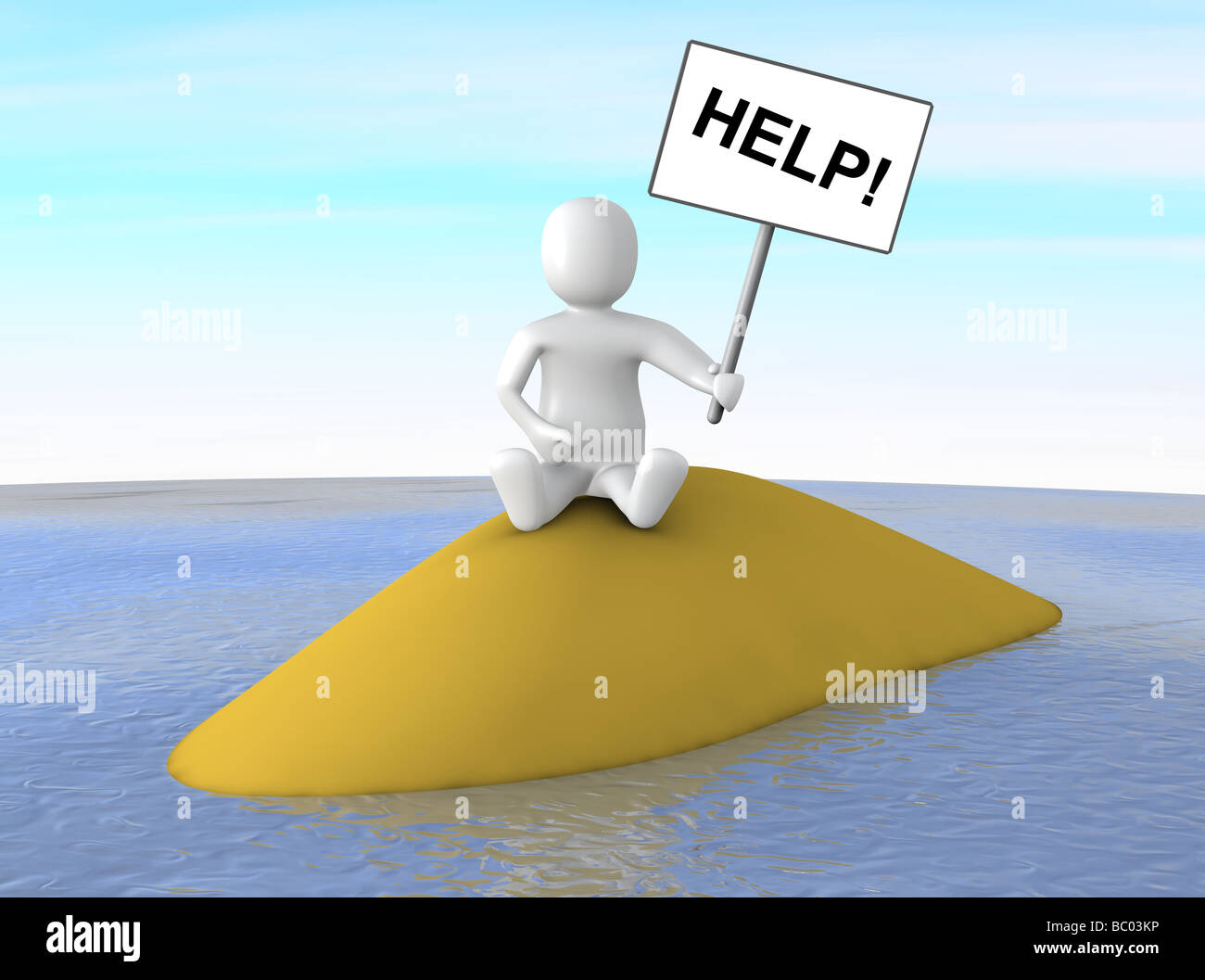 Man sitting on small island with help poster Stock Photo - Alamy