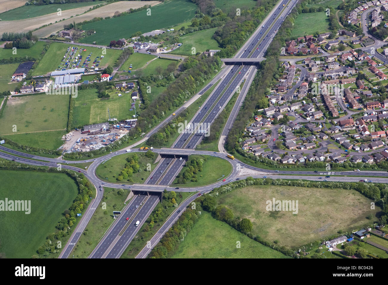 High level aerial view of M1 motorway at junction 31 in Derbyshire ...