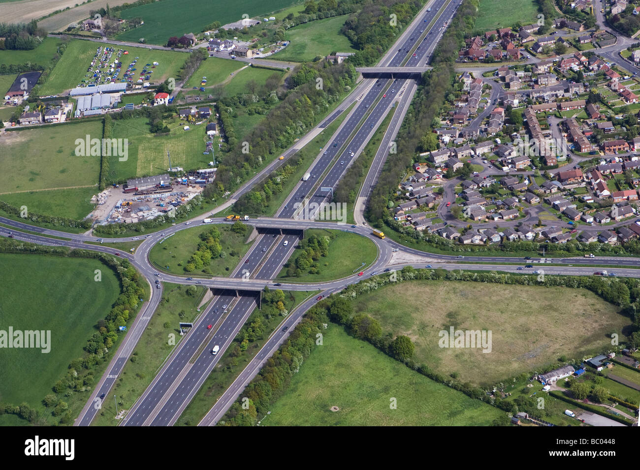 High level aerial view of M1 motorway at junction 31 in Derbyshire ...