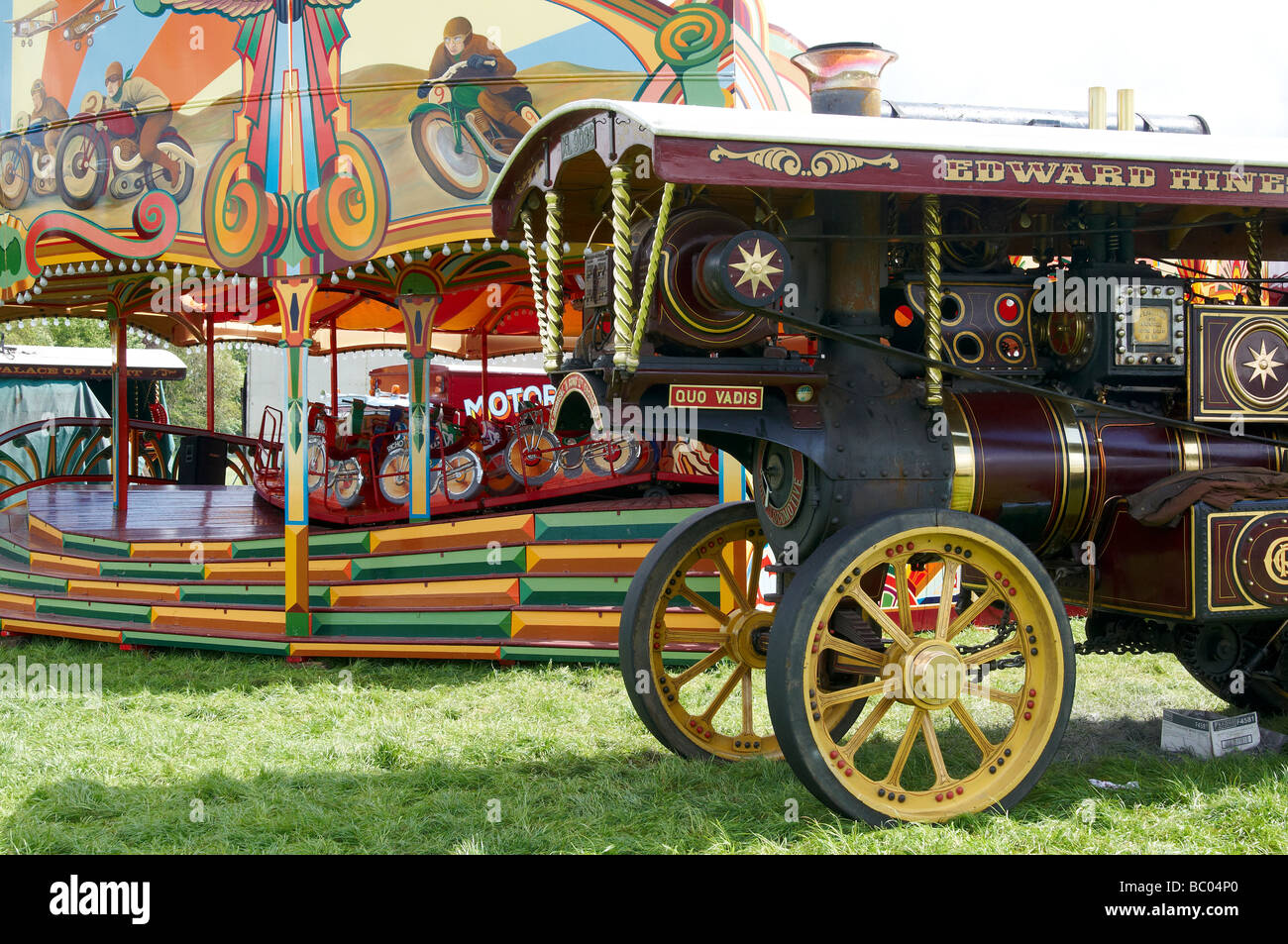 Burrell showman's engine and traditional fairground ride at a country ...