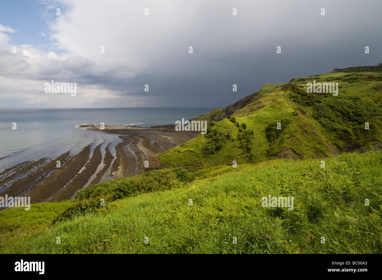 Cliff top view with stormy sky from Peak Alum Works Ravenscar North ...