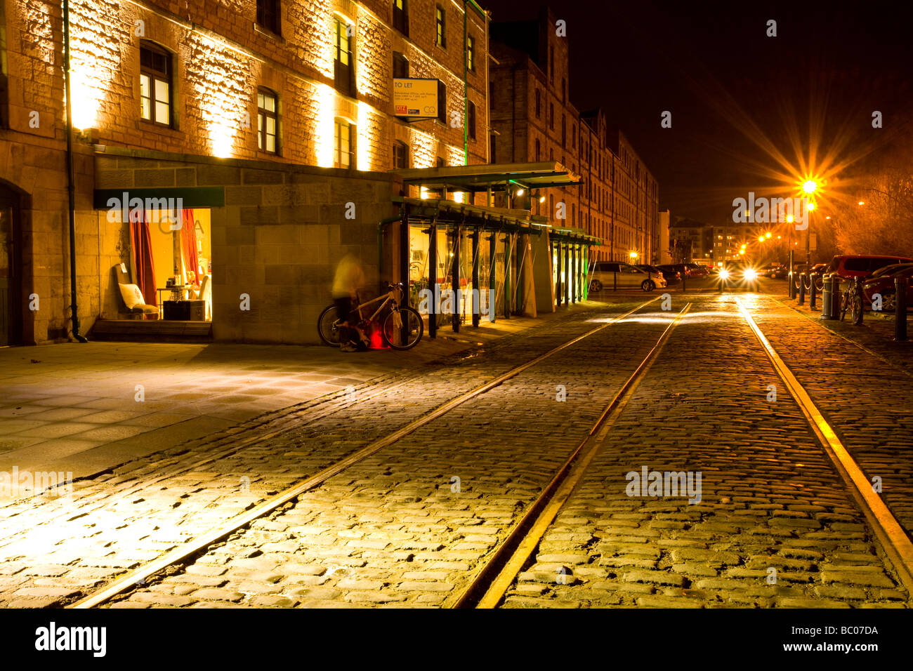 Scotland Edinburgh Leith Cobbled pedestrian walkway on the Leith ...