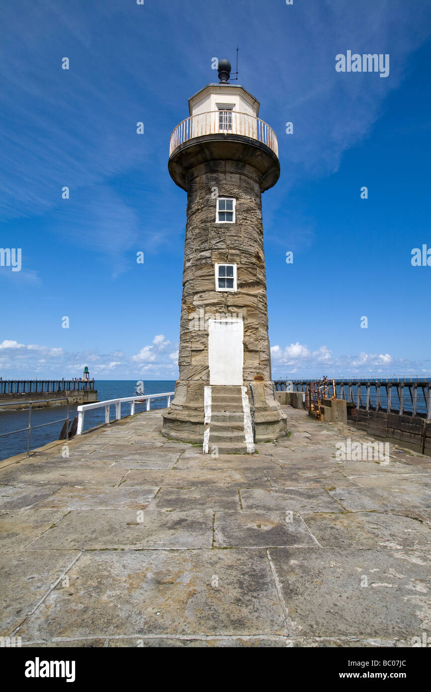 The jetty lighthouse looking out across Whitby bay, Whitby, North ...