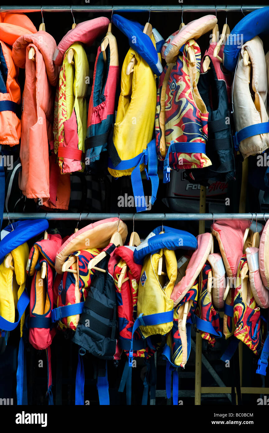 Hanging colourful life jackets. UK Stock Photo - Alamy
