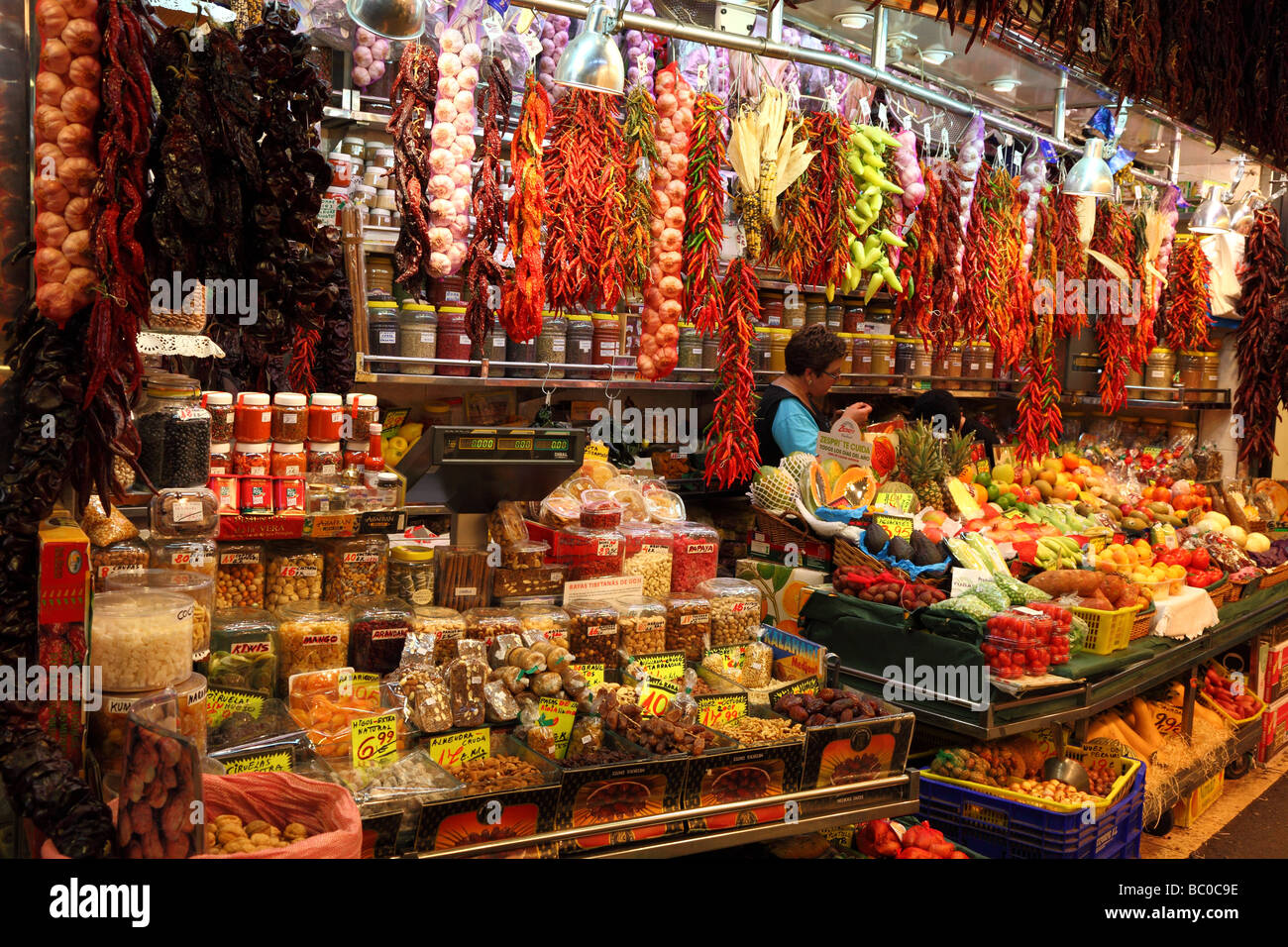 Fruit and vegetable stall La Boqueria market hall Barcelona Catalunya ...