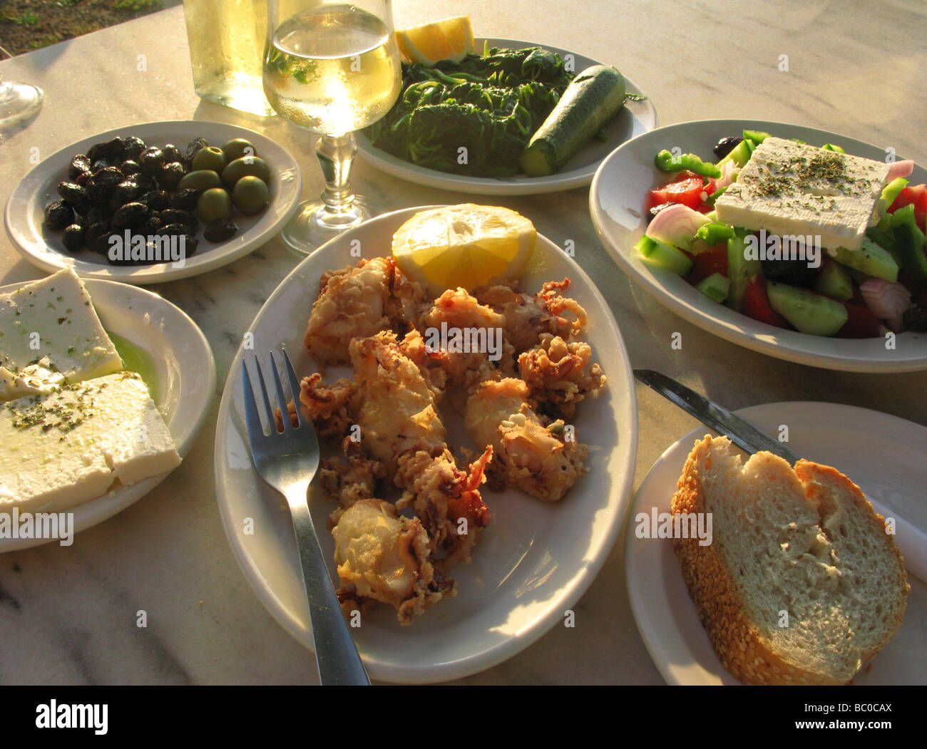 Greek Cuisine Crete Greece Feta Kalamari Olives Salad and Vleeta ...