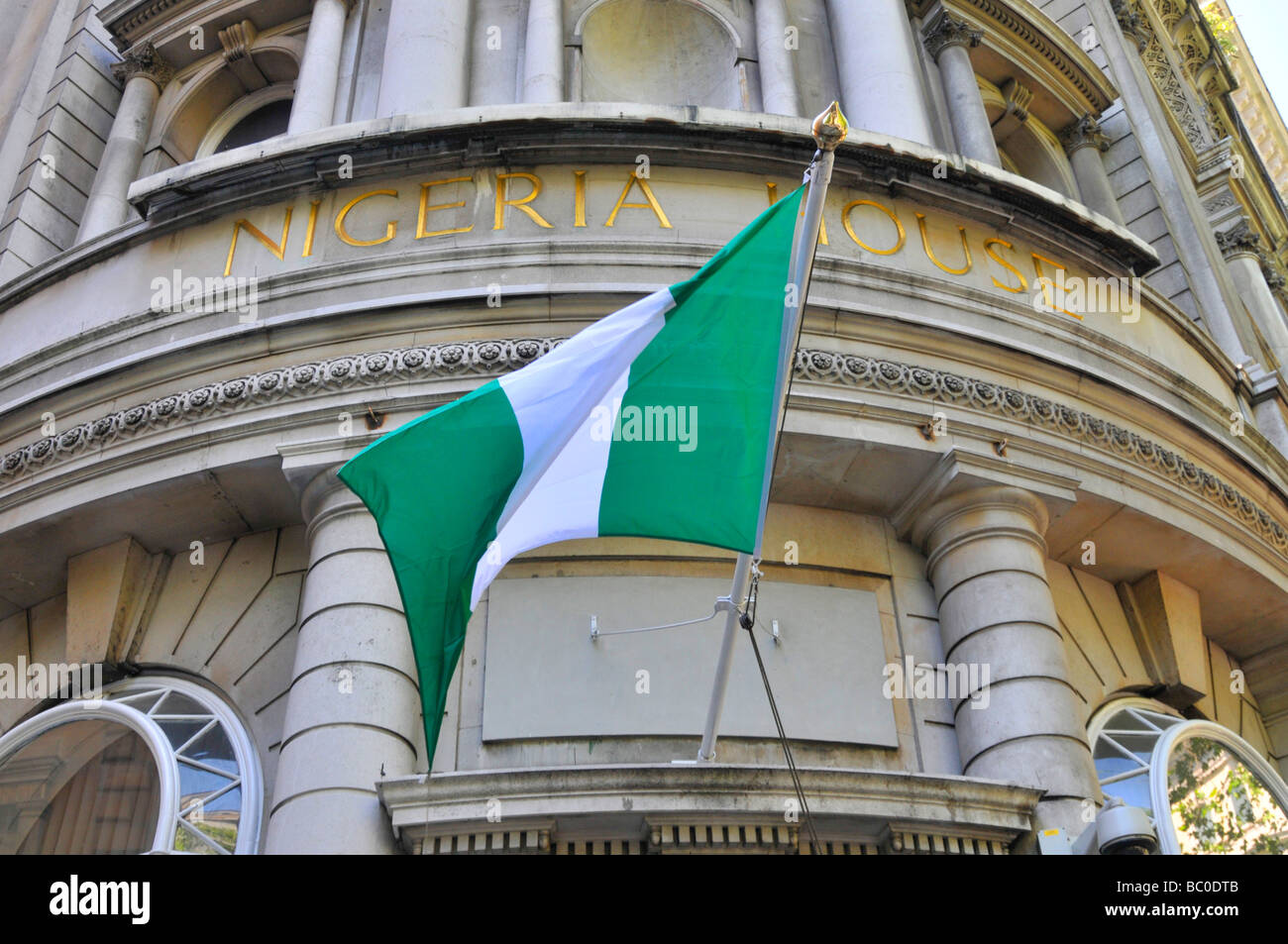Close up of Nigeria House sign with National flag flying at The Nigeria ...
