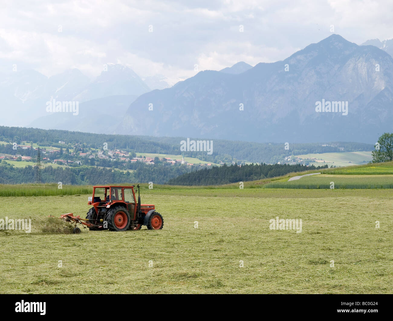 Farmer in a tractor tedding or turning mown hay to facilitate the ...