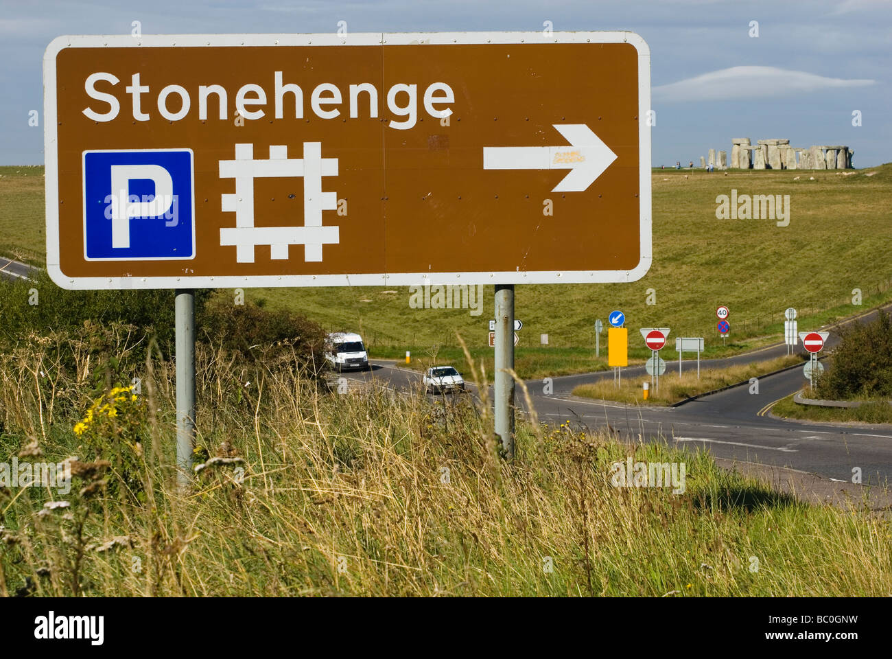 A road sign points to the busy A303 highway near Stonehenge, a World ...