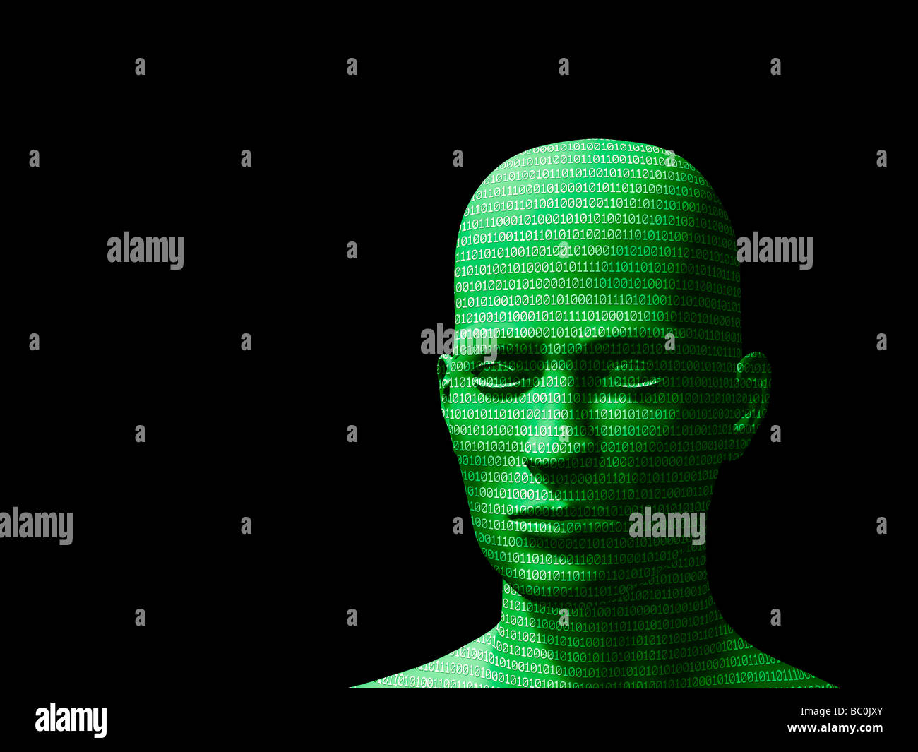 Human head with binary code isolated against black background Stock ...