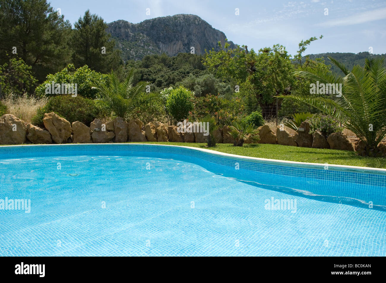 View of holiday villa swimming pool in Majorca, Spain Stock Photo - Alamy