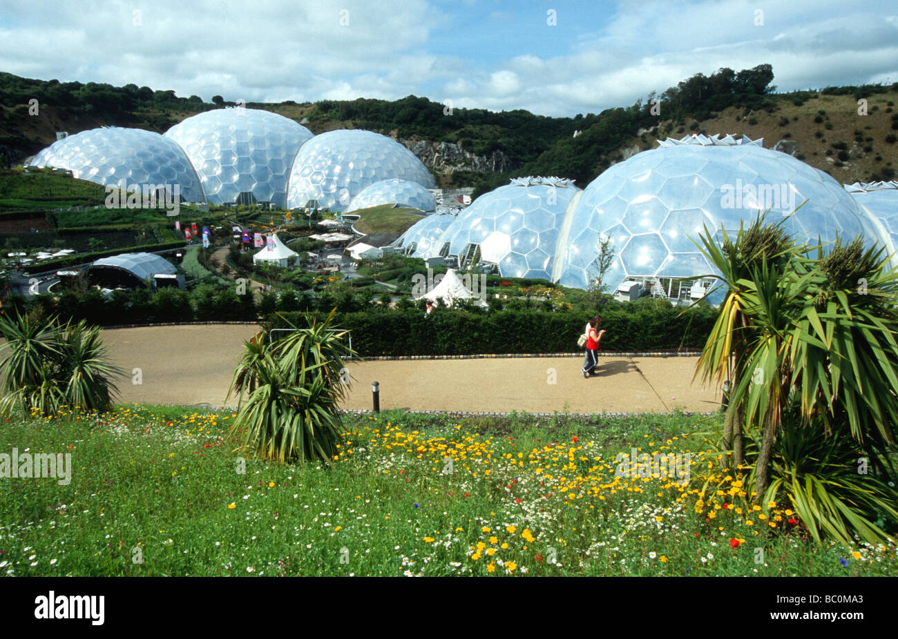 Outside view of the biomes at the Eden Project Cornwall England Britain ...