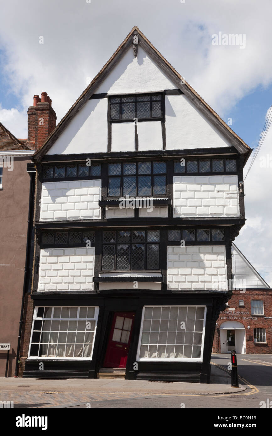 Crooked wonky house in quaint historic medieval timber framed building ...