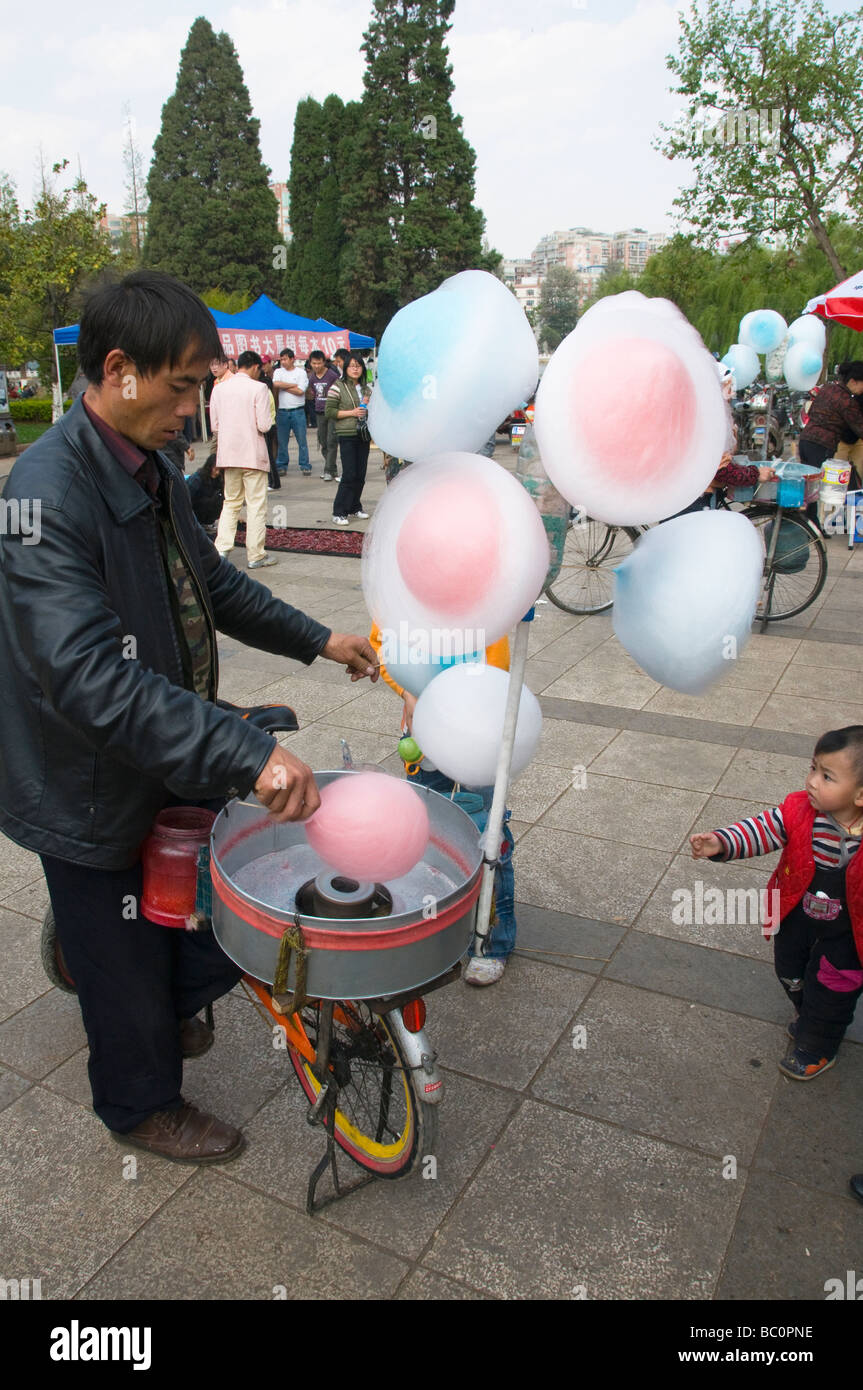 cotton candy vendor creating his sweets by bicycle power in Kunming ...
