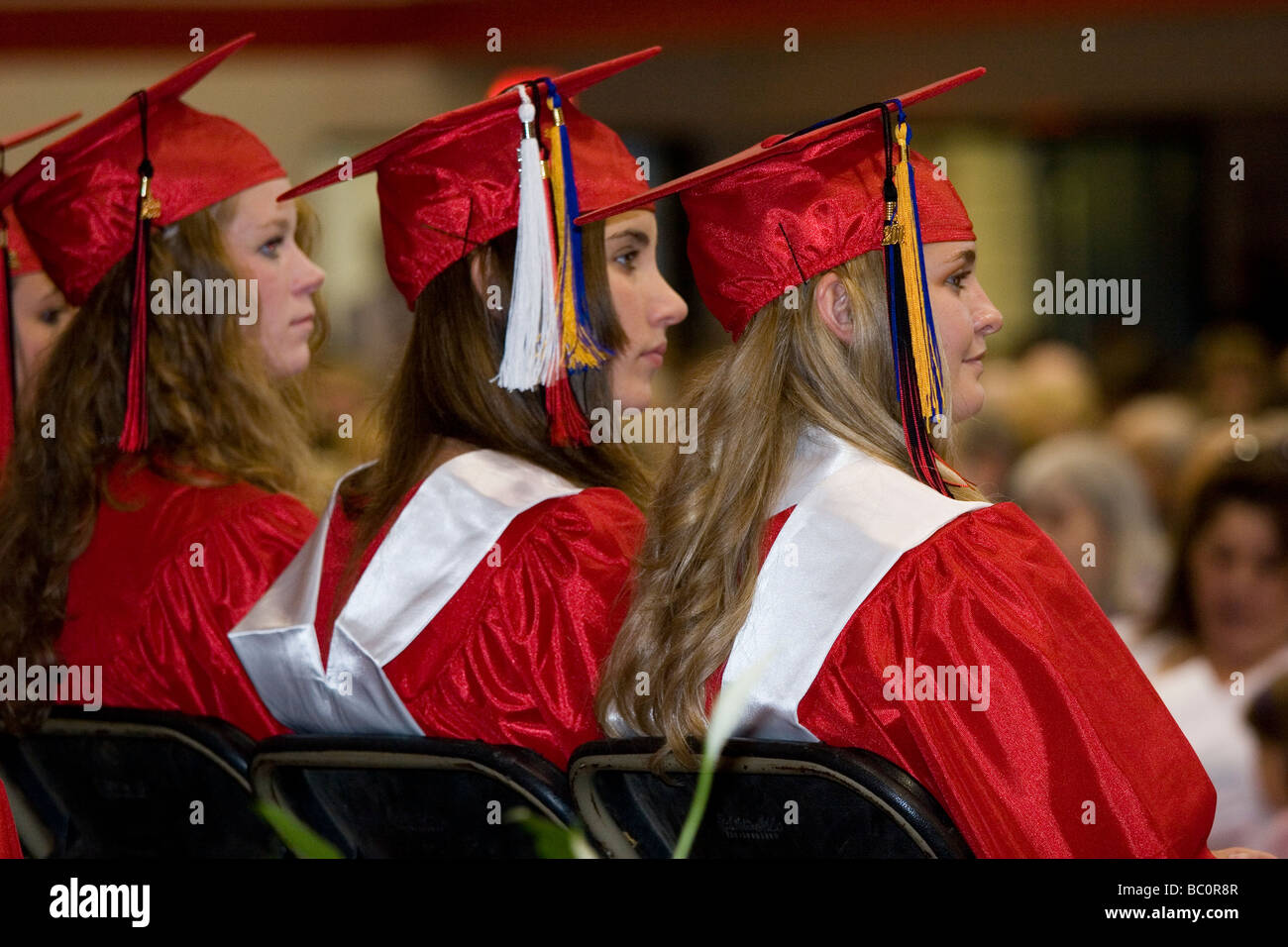 Graduation ceremony, female high school students in cap and gown Stock ...