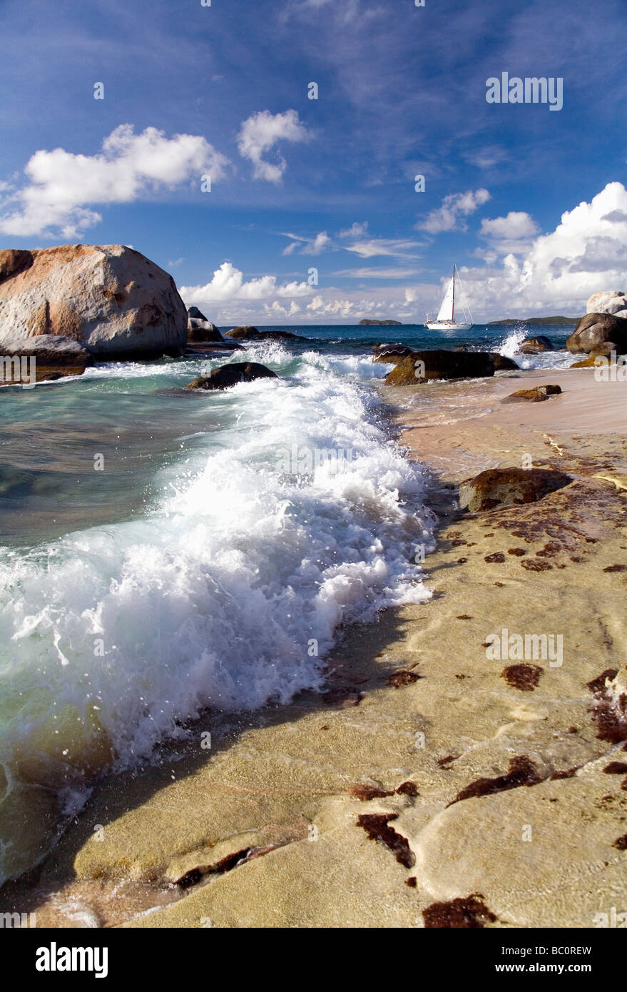 Beach, surf, and rocks at the Baths on Virgin Gorda, Tortola, British ...