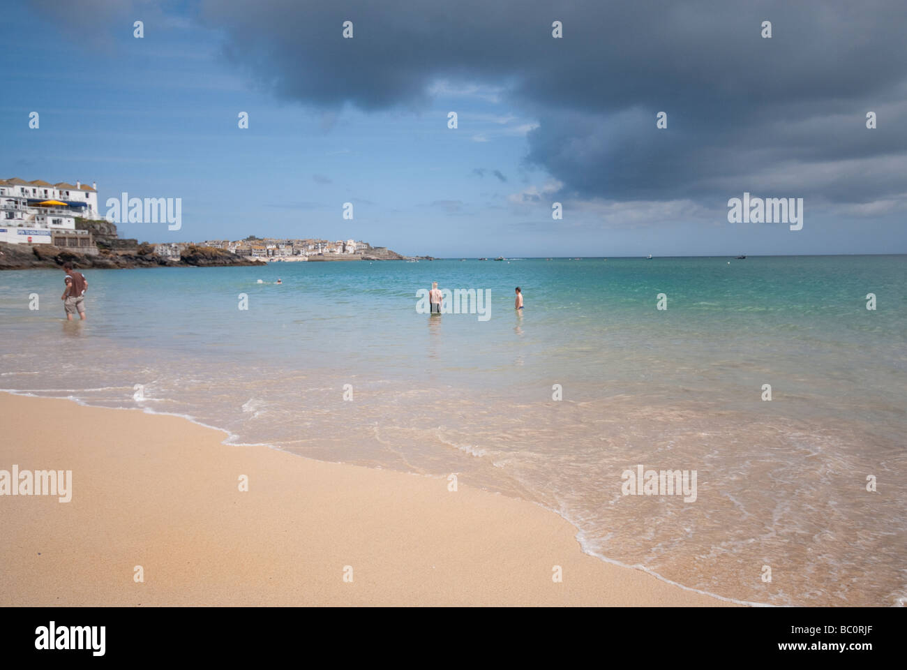 St Ives Cornwall, UK: Storm clouds approaching Porthminster Beach Stock ...