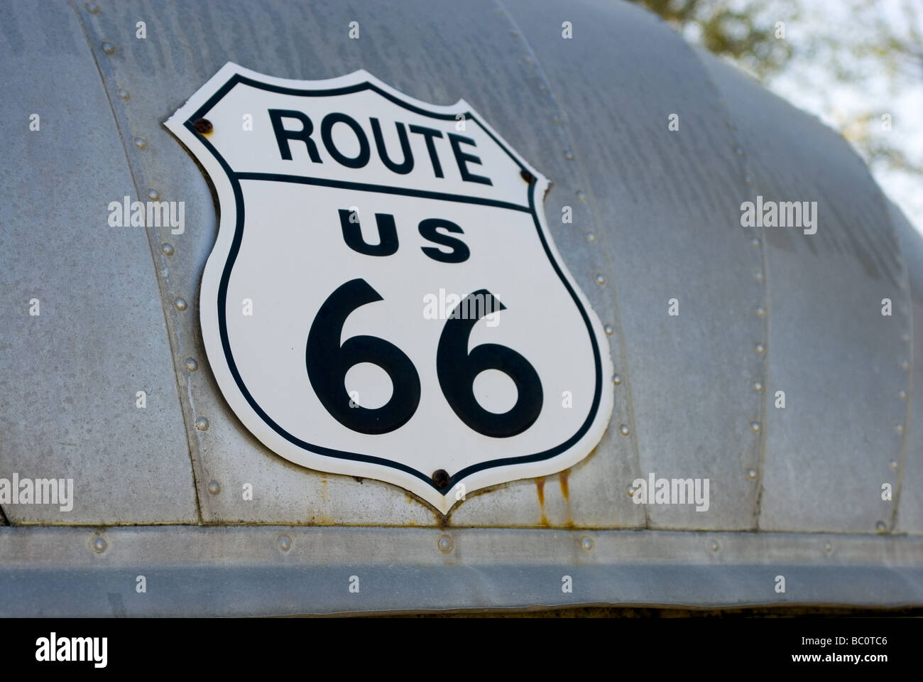 HWY Route 66 Road Sign on the back of an Airstream Trailer Stock Photo ...