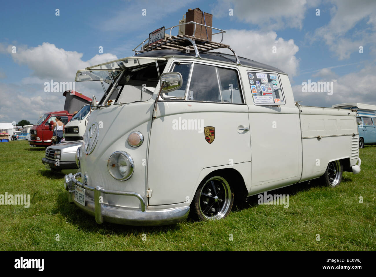 A lowered VW split-screen double cab pickup. Wymeswold, Leicestershire ...
