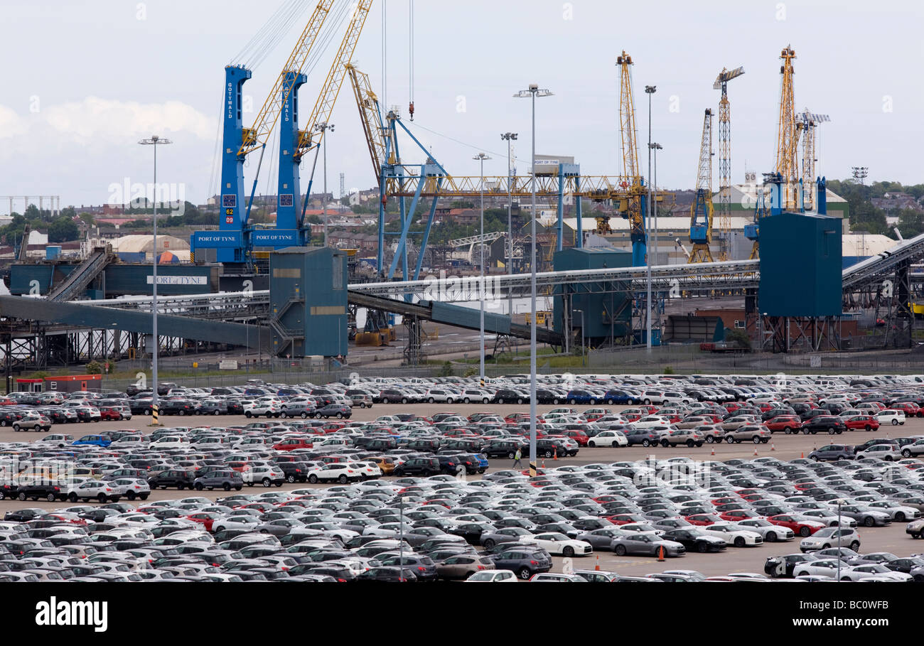 Lines of cars wait to be loaded onto ship for export from the UK Stock ...