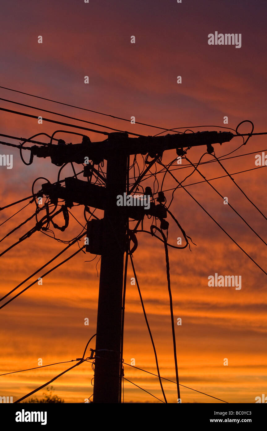 Power pole silhouetted against sunset Stock Photo - Alamy