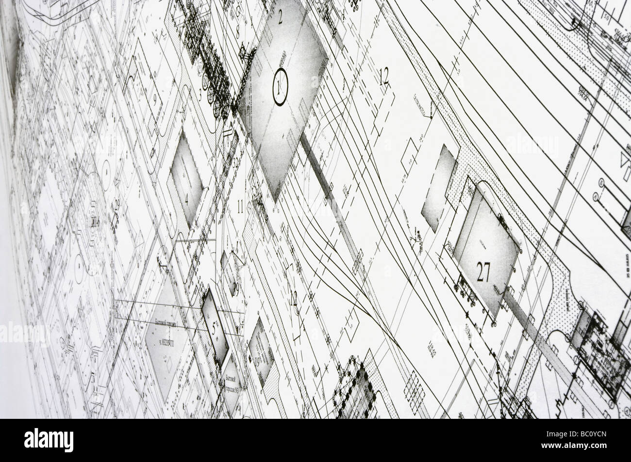 Black and white dimensional drawing rotated perspective Plan of plant ...