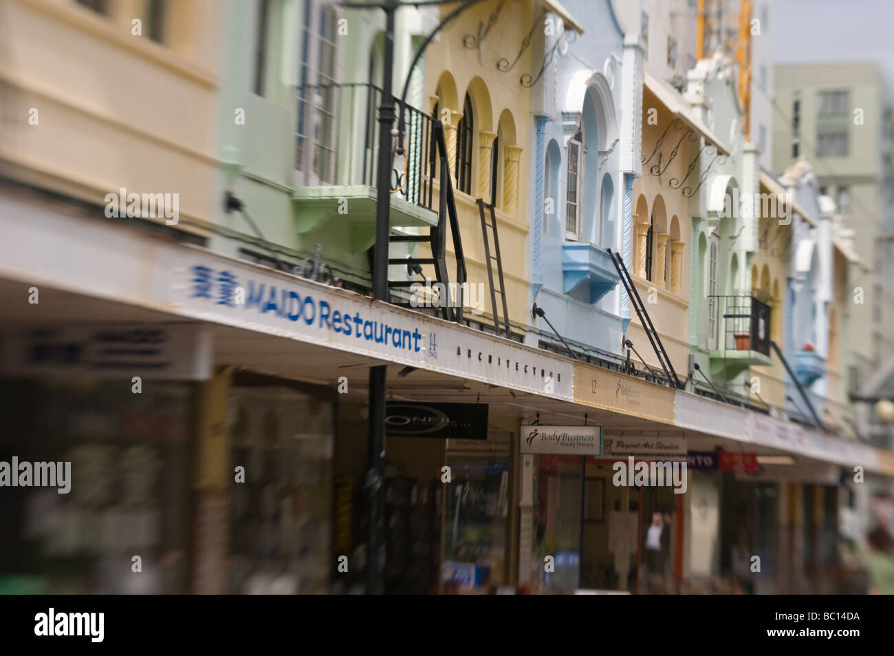 Selective focus: Spanish Mission style shopfronts in Christchurch's New ...