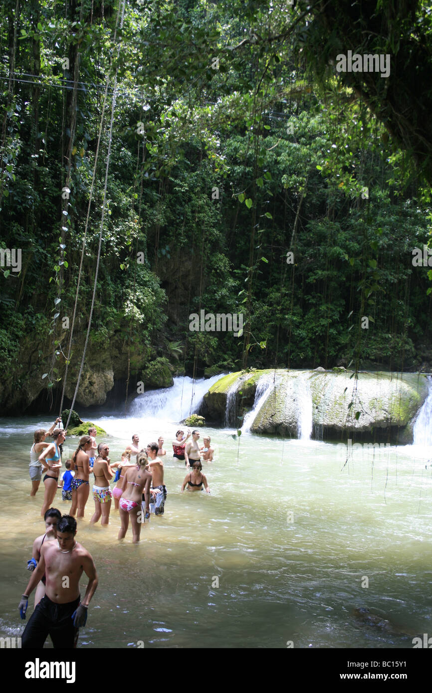 Tourists enjoying a dip in one of the fresh water pool of the YS falls ...