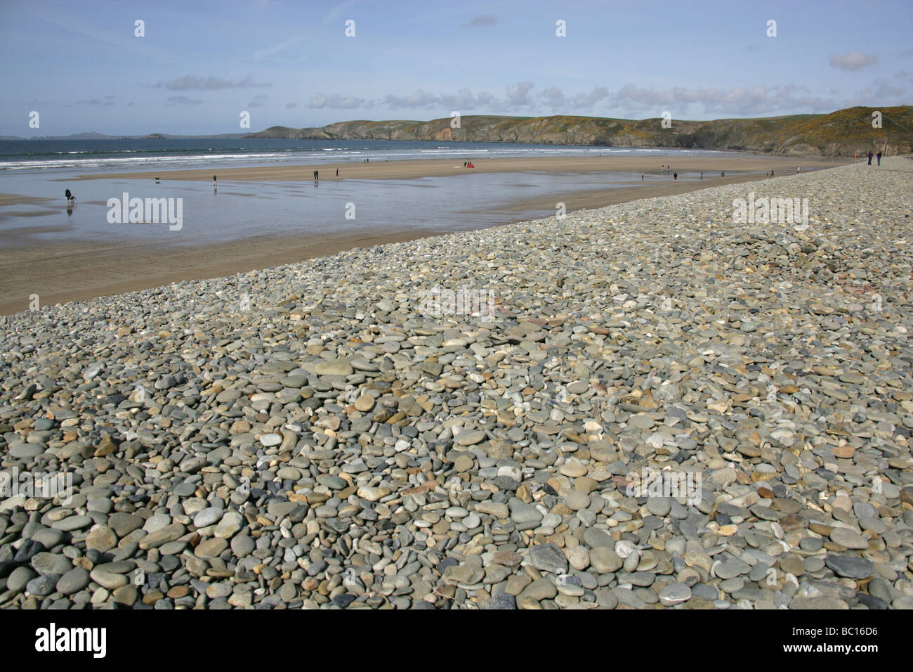 The village of Newgale, Wales. View of Newgale beach with the high tide ...