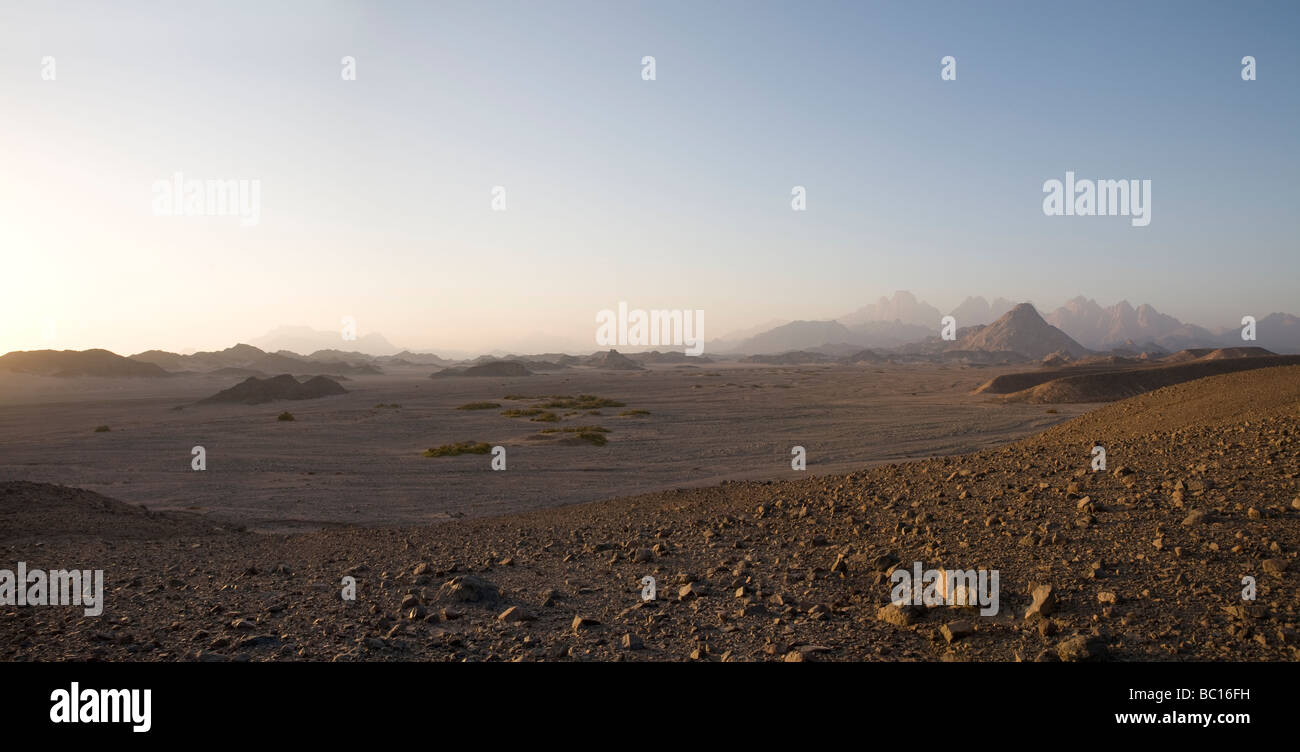 Wide panorama across desert floor to distant mountain ranges in early ...
